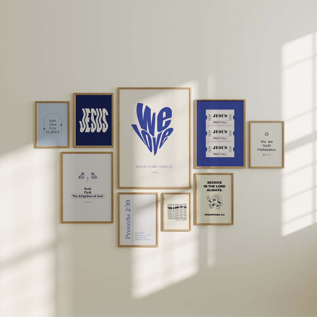 Modern Christian Bible Verse Set of 9 Gallery Wall Art Bundle, Blue ...