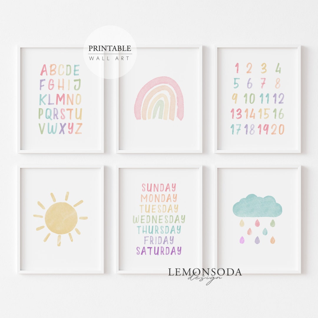 Pastel Nursery Decor: Alphabet, Rainbow, Numbers Print Set (digital ...