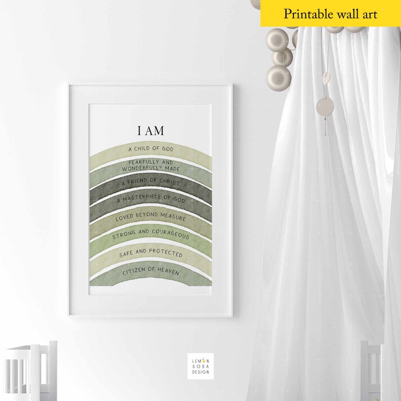 Christian Kids Rainbow Affirmation Print: Sage Green Watercolor ...