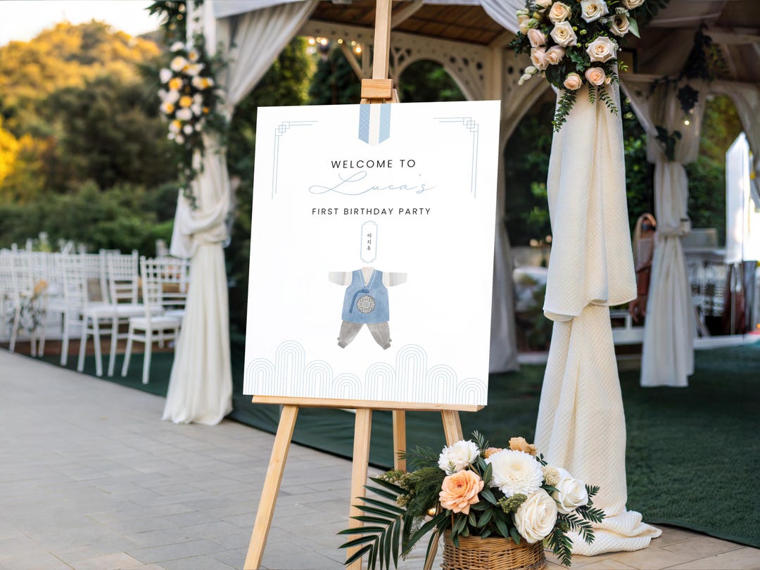 Korean First Birthday Welcome Sign: Pastel Blue Hanbok, Watercolor ...