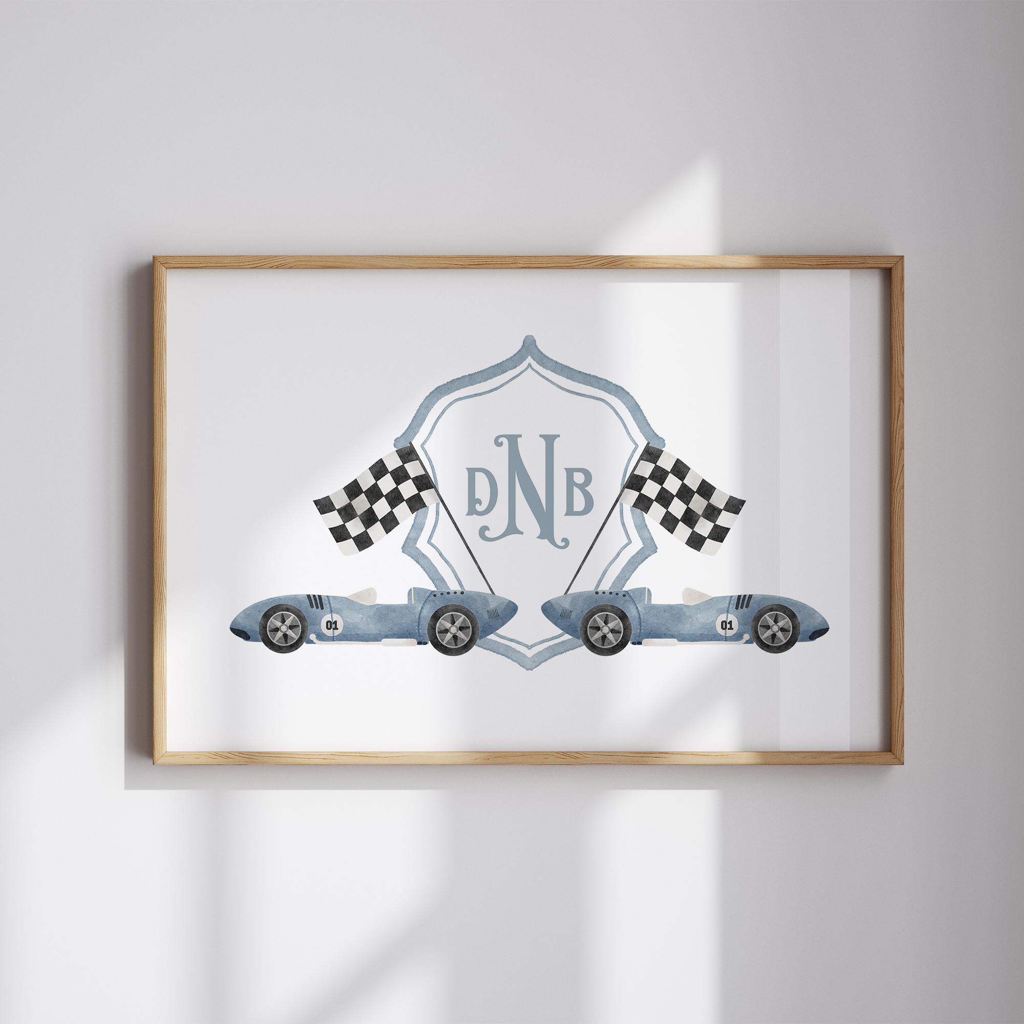 Blue Monogram Racing Car Print: Custom Name Nursery Decor (digital ...