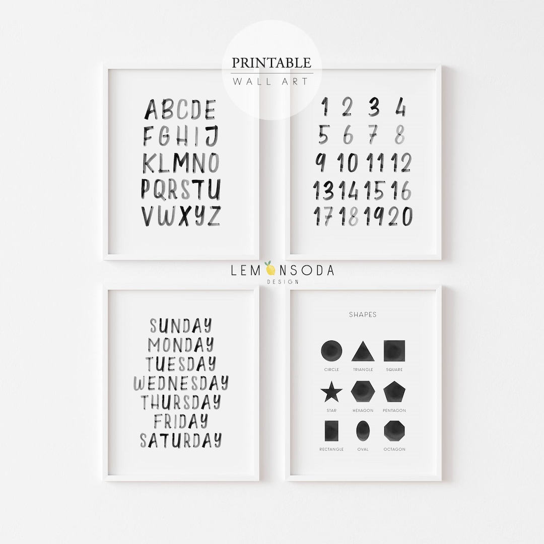 Black Alphabet Poster, Set of 4 Educational Print, Modern Black Nursery ...