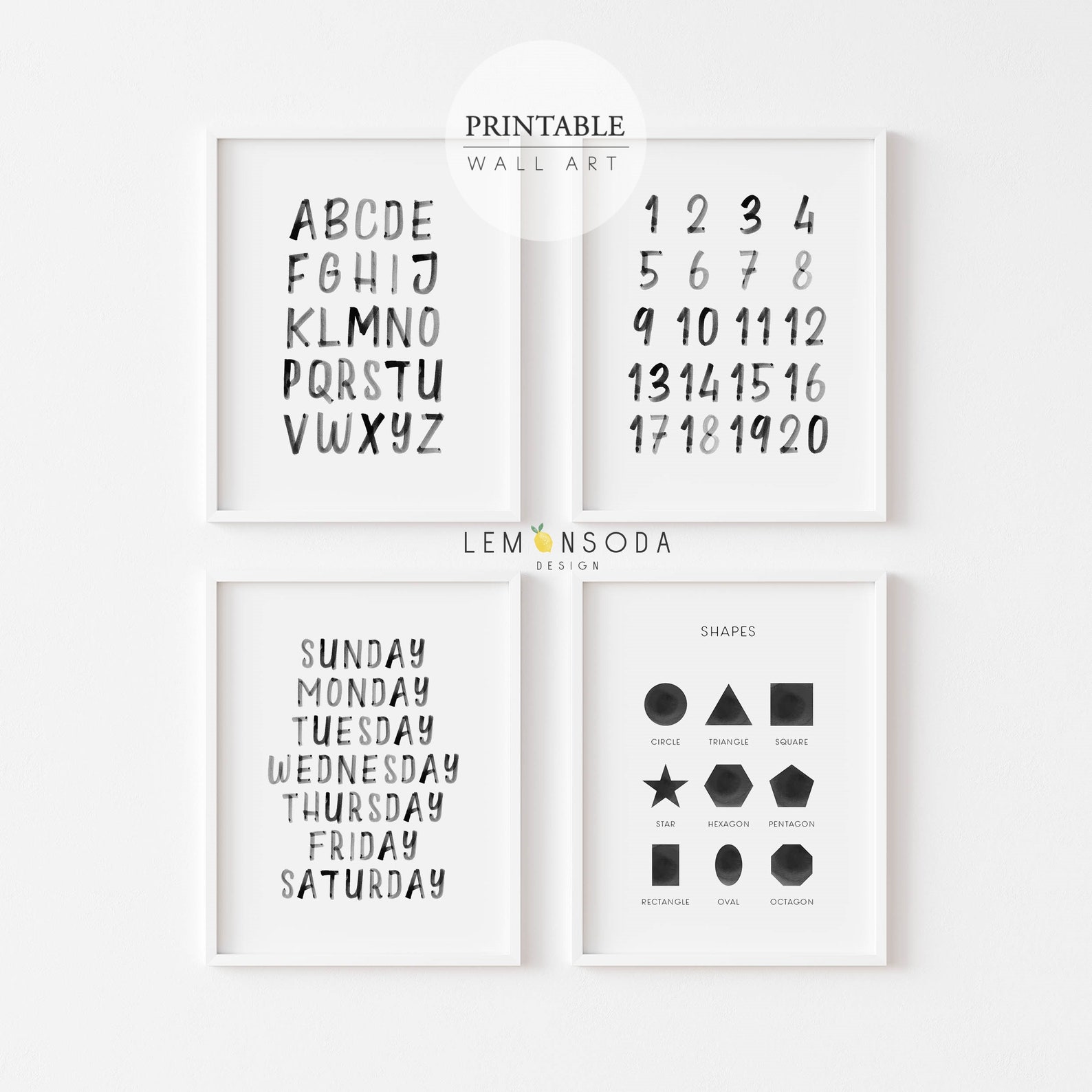 Black Alphabet Poster Set of 4 Educational Print Modern | Etsy