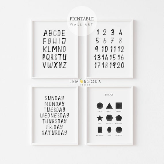 Black Alphabet Poster Set of 4 Educational Print Modern | Etsy