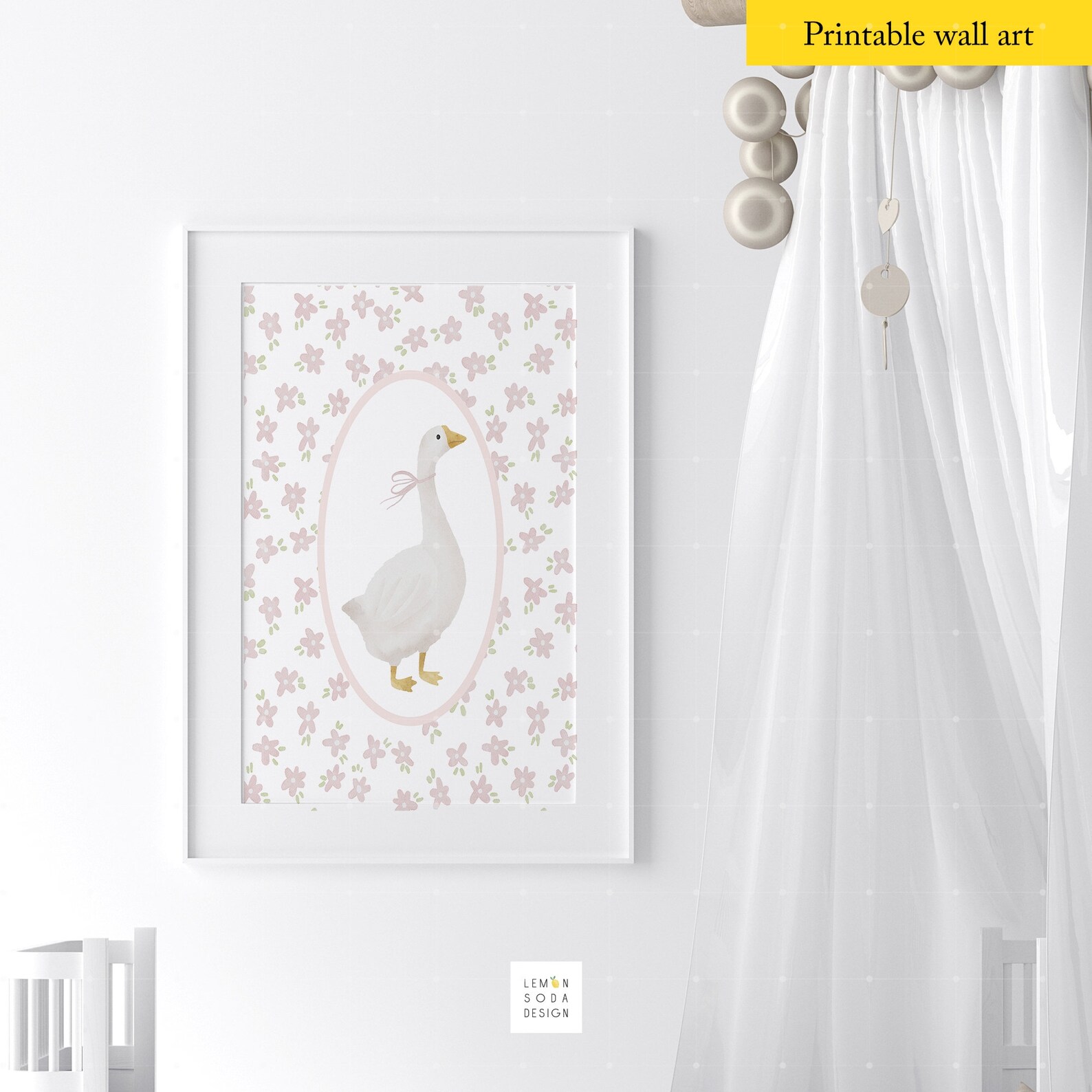 Pink Goose Nursery Print: Daisy Pattern, Whimsical Cottagecore (digital ...