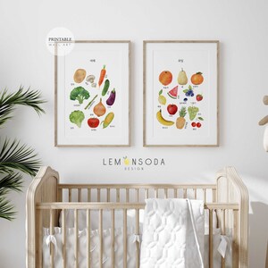Hangul Set of 2 Fruits Vegetables Poster, Printable Watercolor ...