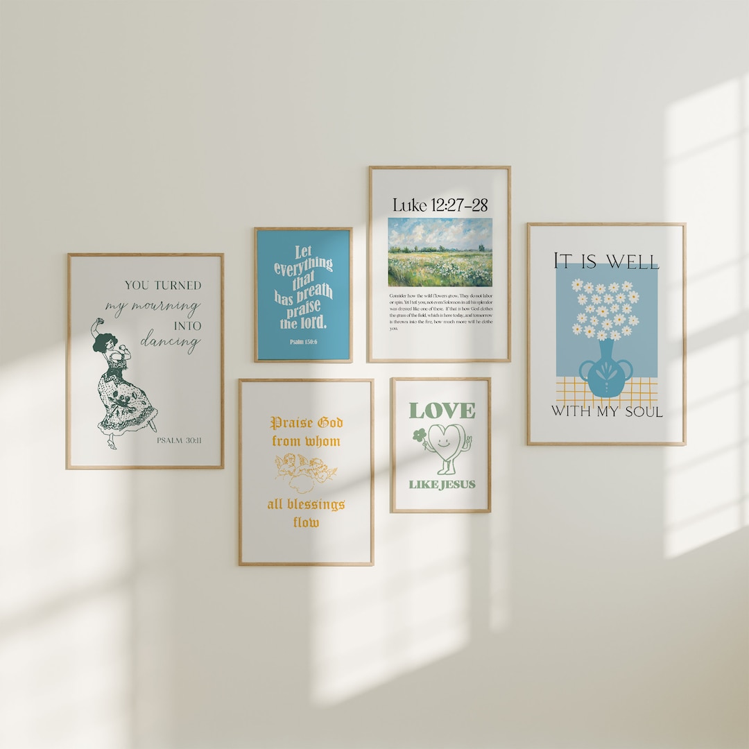 Modern Aesthetic Blue Christian Art Bible Verse Set of 6, Contemporary ...