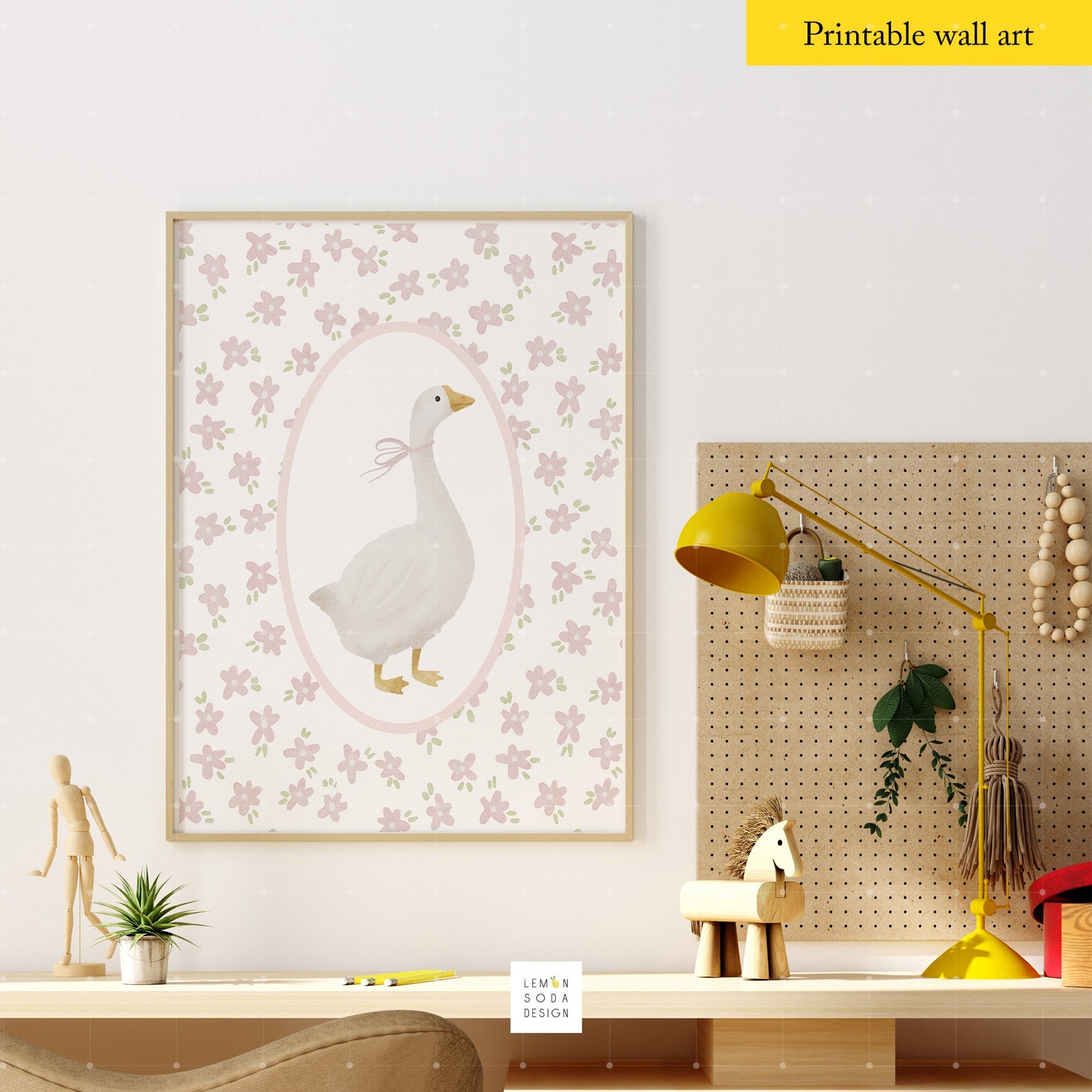 Pink Goose Nursery Print: Daisy Pattern, Whimsical Cottagecore (digital ...