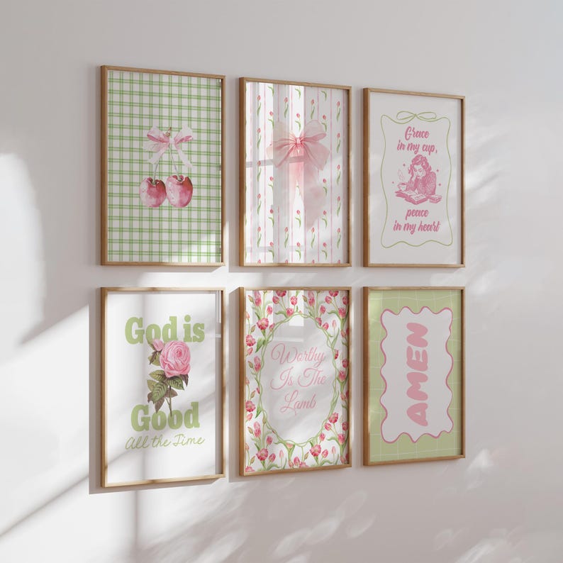 Pink & Green Bible Verse Print Set: Cottagecore Scripture Wall Art ...