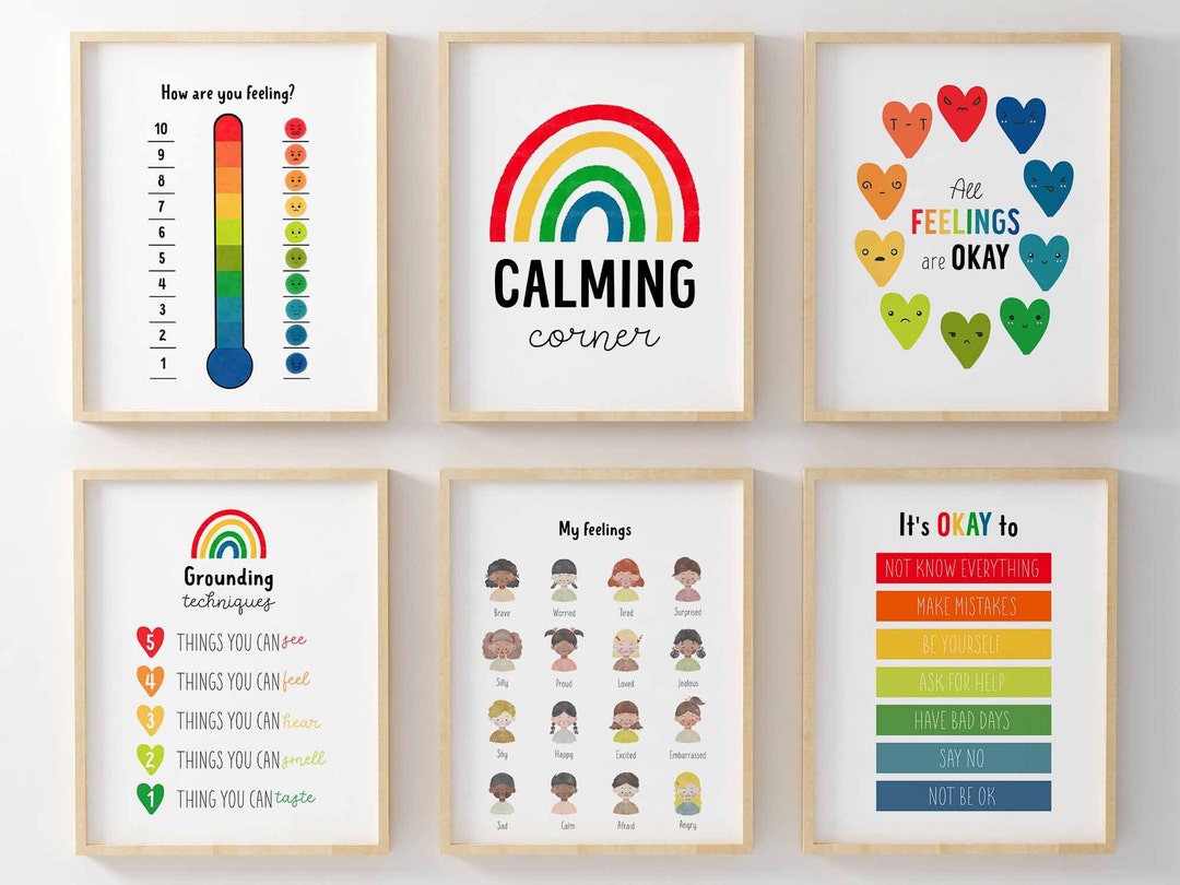 Set of 6 Calming Corner Wall Art, Colorful Rainbow Nursery Wall Decor ...