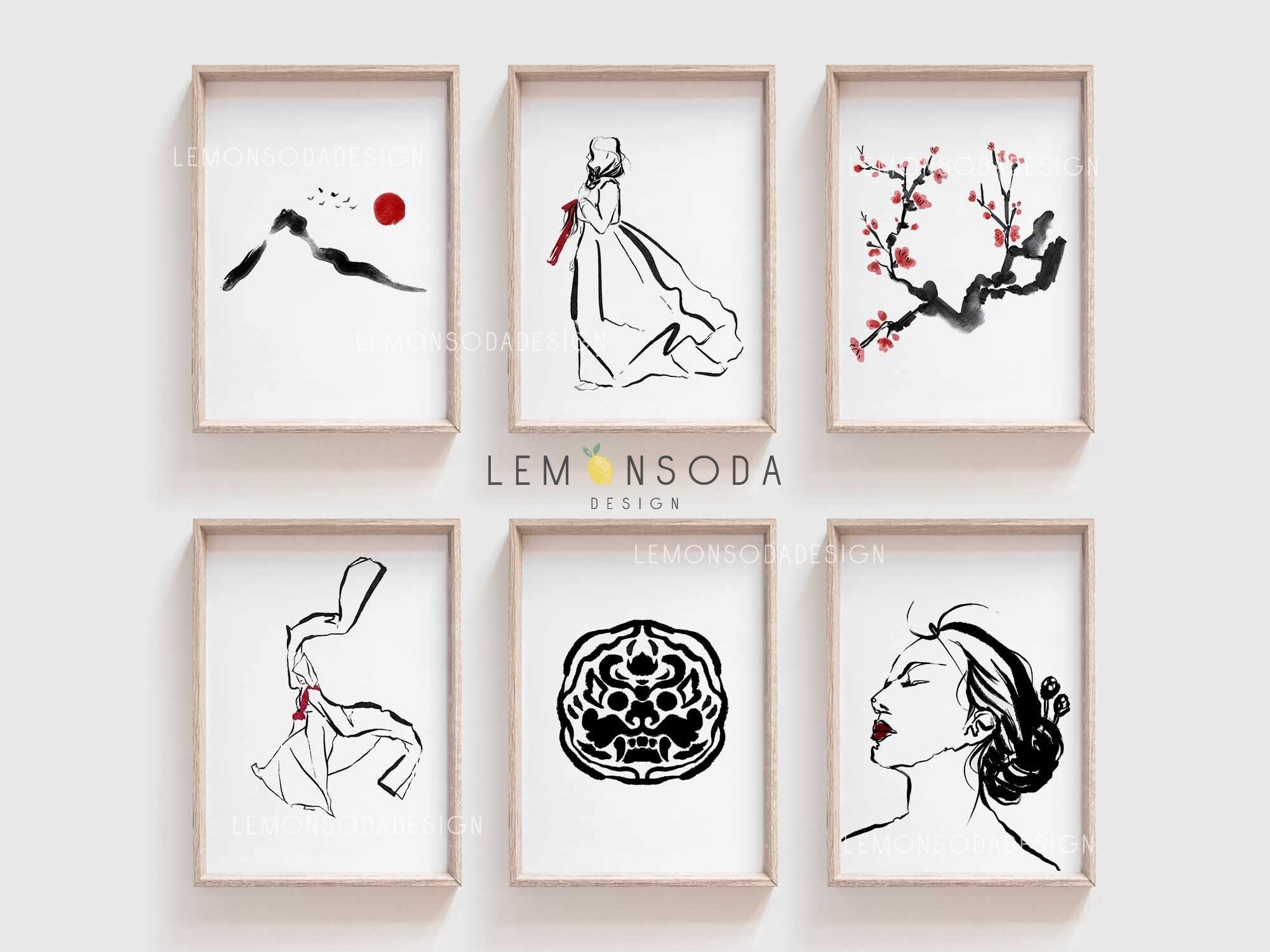 Set of 6 Korean Hanbok Woman Print Line Drawing Art Printable - Etsy