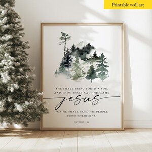 Matthew 1:21 Print, Printable Christmas Christian Wall Art, Watercolor ...