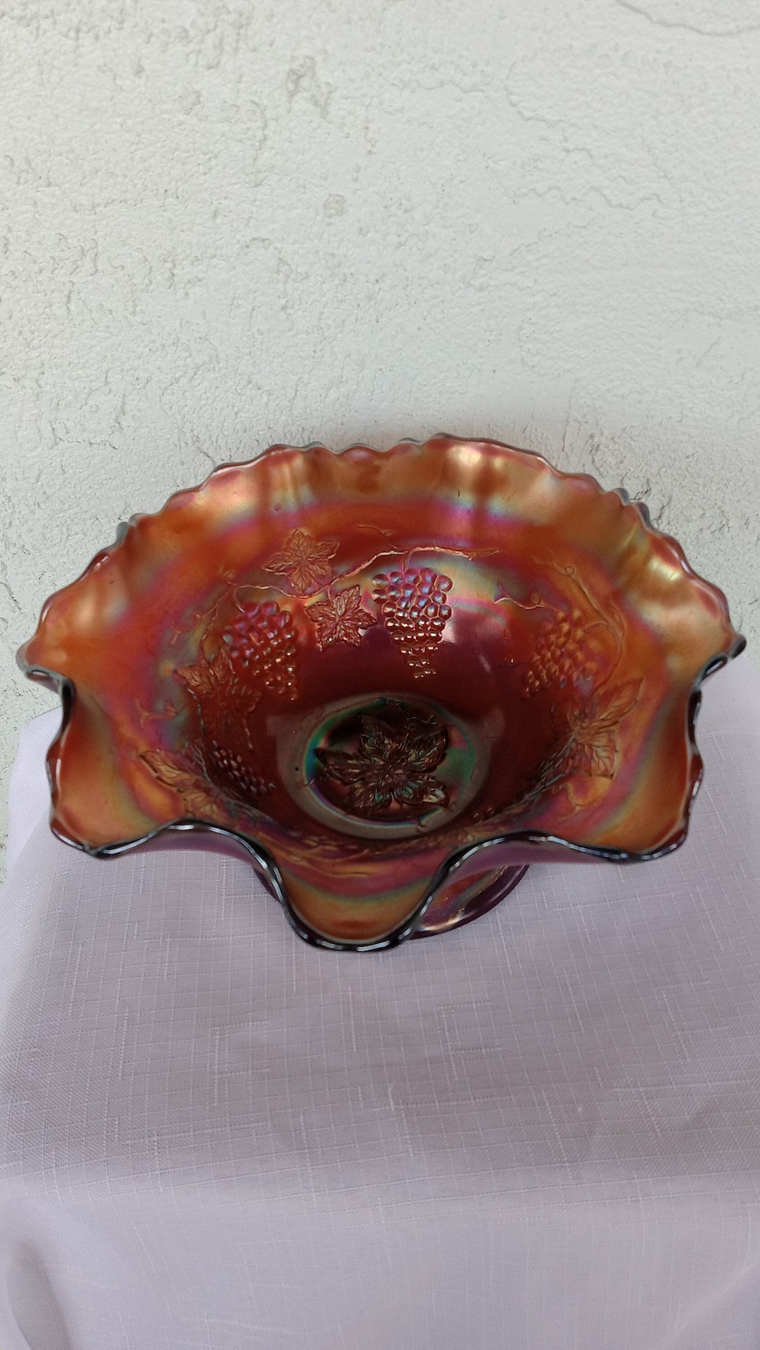 Vintage Carnival Glass Bowl-carnival Glass-bowls-ruffled Bowl-grapevine ...