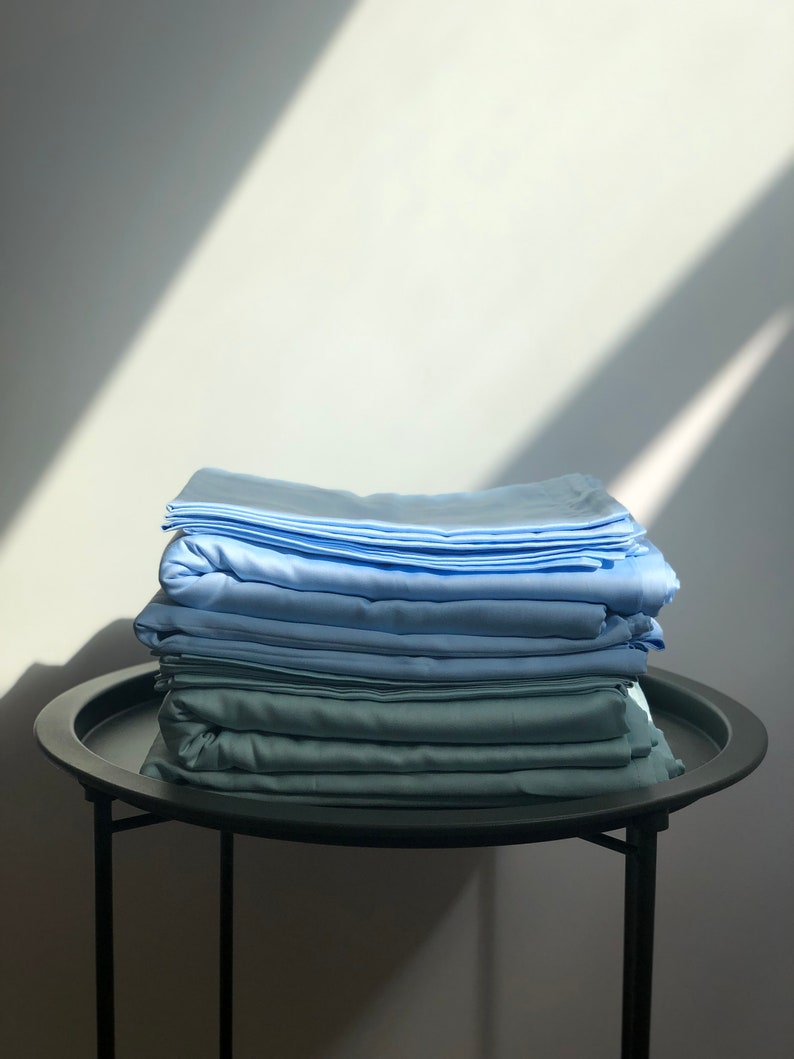 Fitted Sheet Sky Blue, Natural 100% Cotton, Sateen, Queen, Full, Twin ...
