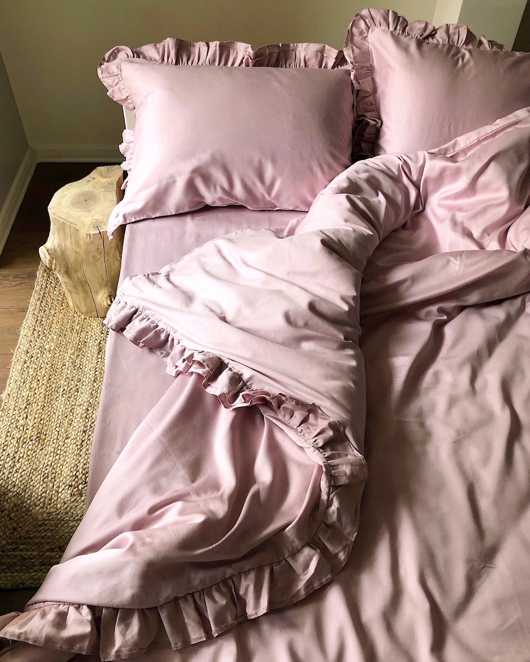 Ruffle Duvet Cover Set 3 Pcs Pink, Natural Sateen 100% Cotton, 1 Duvet ...