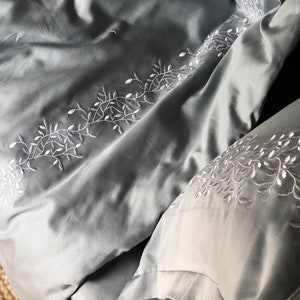 Gray Blue Bedding Set 4 Pcs With Branches Embroidery, Natural Sateen ...