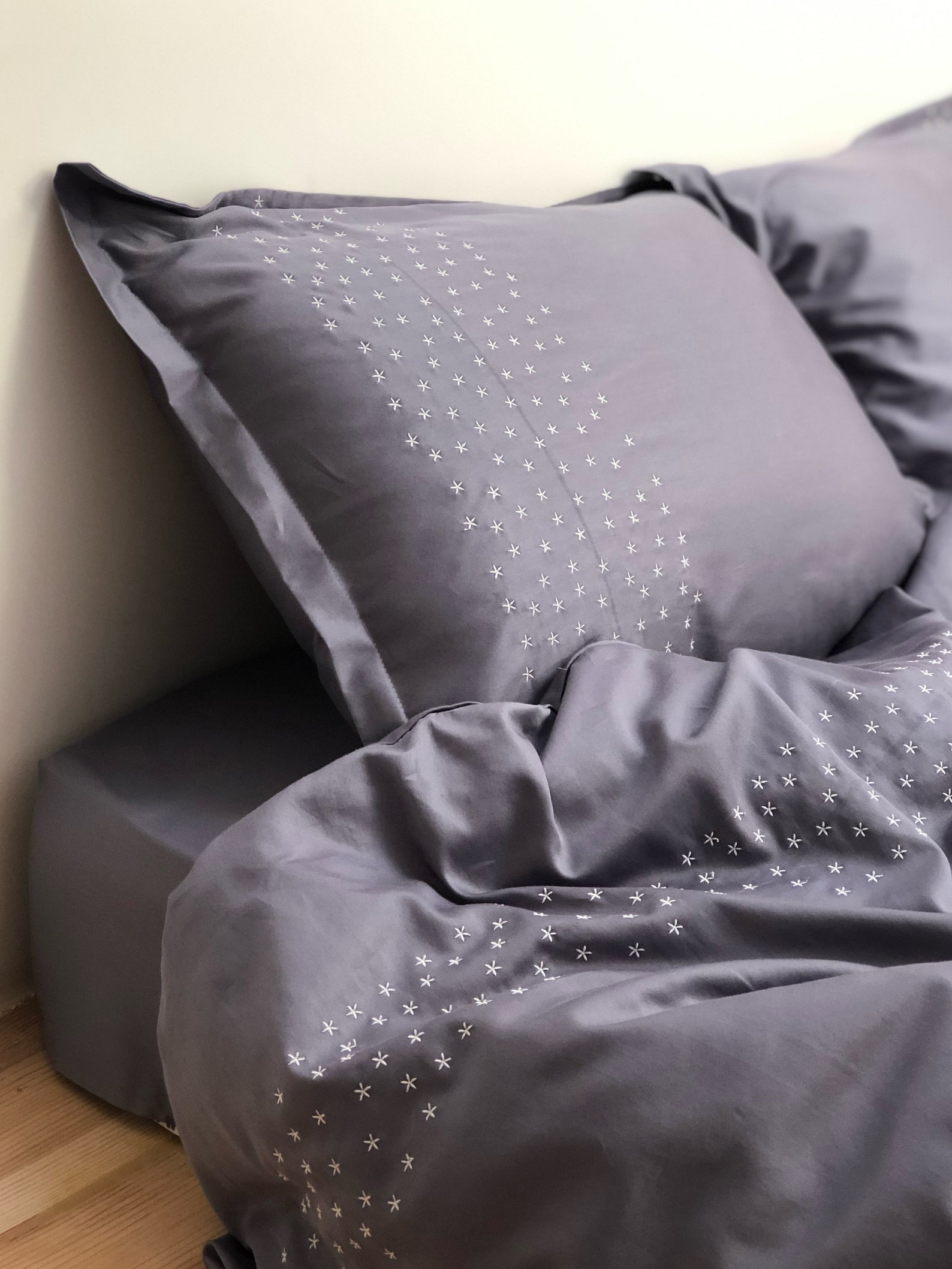 Embroidered Star Bedding Set: Gray-blue Sateen Cotton Duvet Cover ...