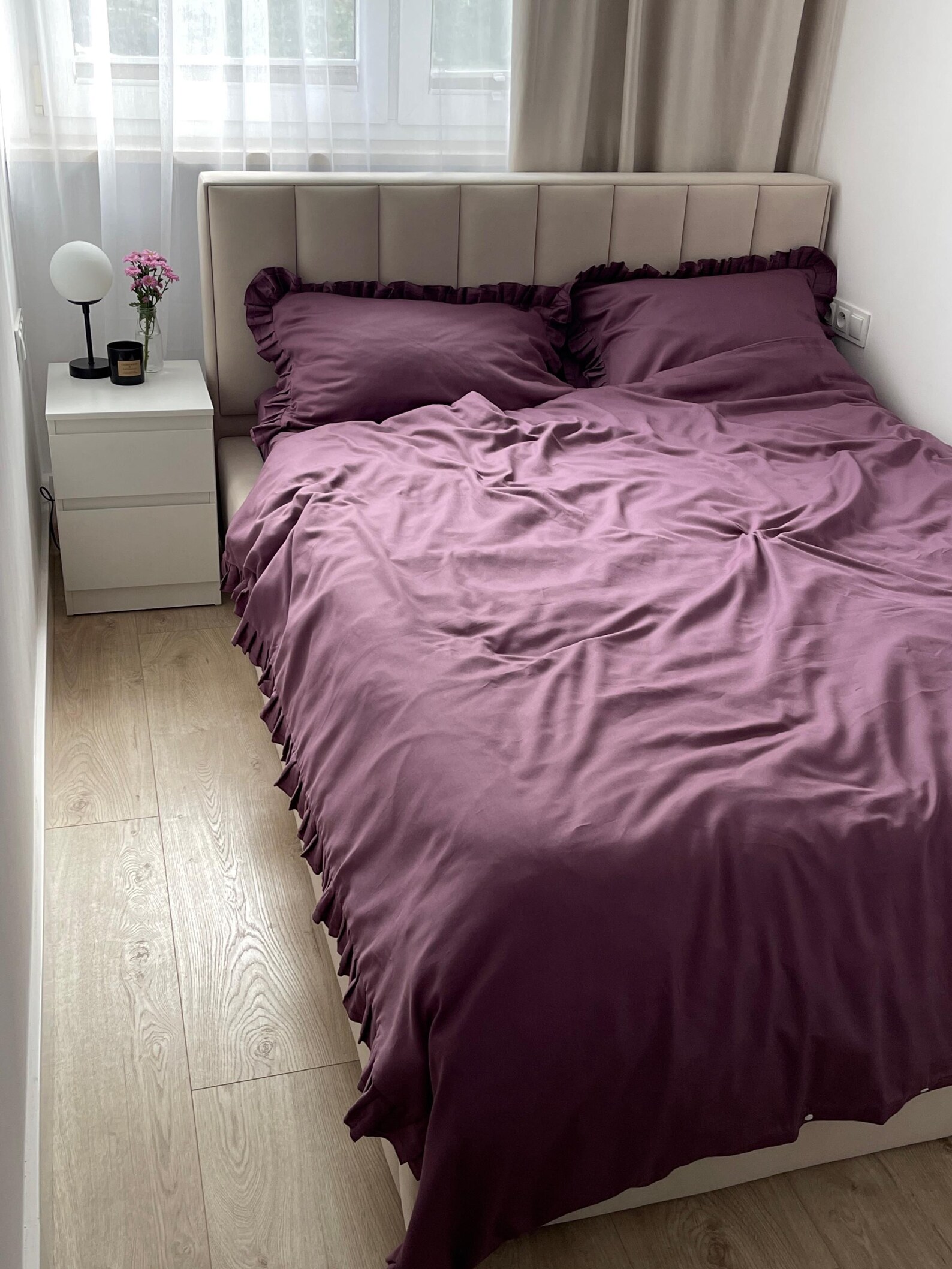 Plum Ruffled Bedding Set 4 Pcs, Natural Sateen 100% Cotton 1 Duvet ...