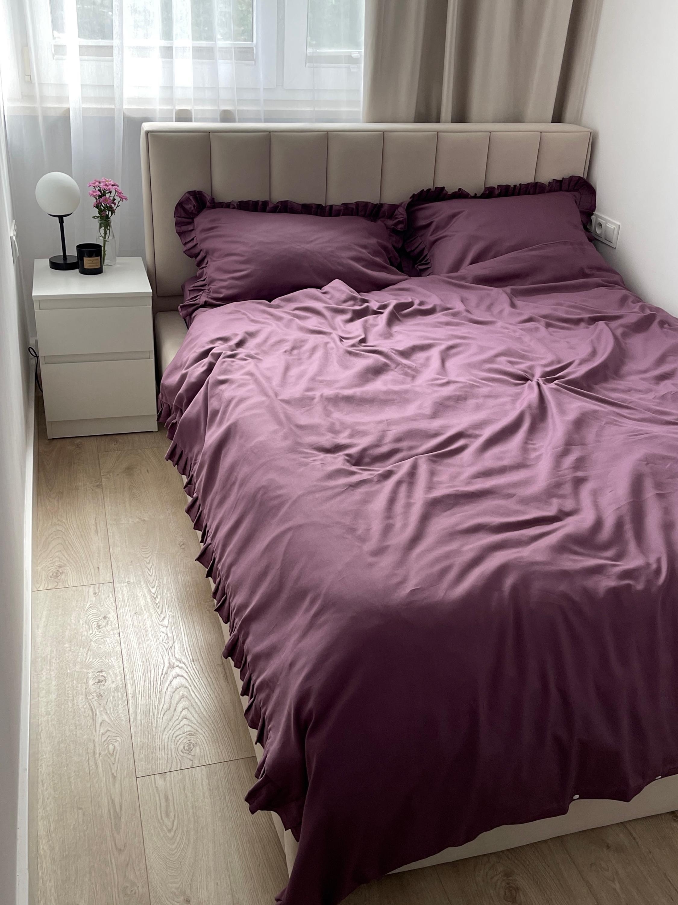 Plum Ruffled Bedding Set 4 Pcs, Natural Sateen 100% Cotton 1 Duvet ...