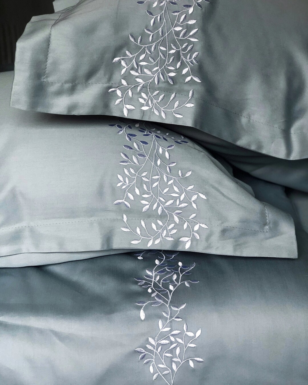Gray Blue Bedding Set 4 Pcs With Branches Embroidery, Natural Sateen ...