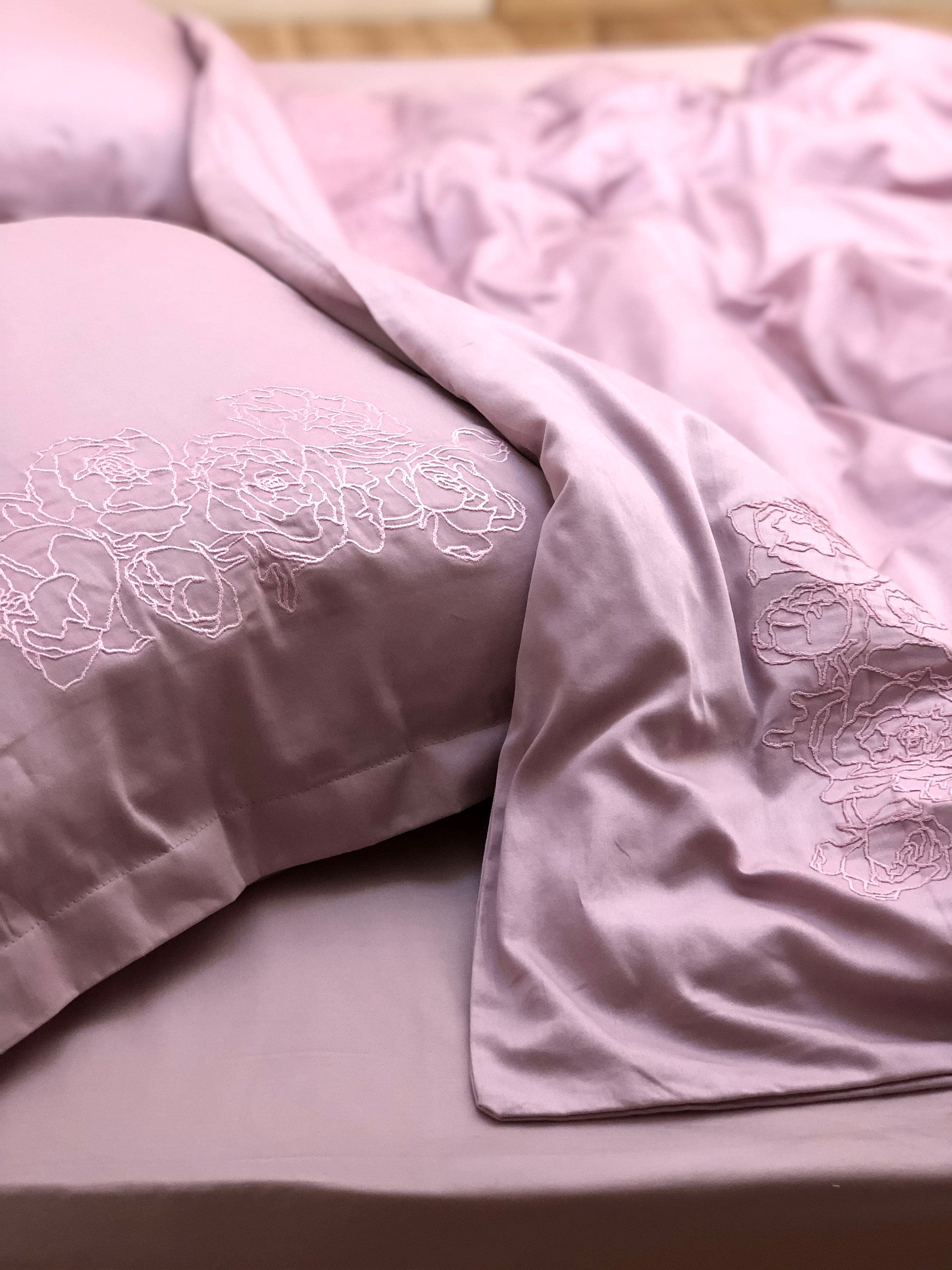 Bedding Set With Peony Embroidery 4 Pcs Pink, Natural Sateen 100% ...