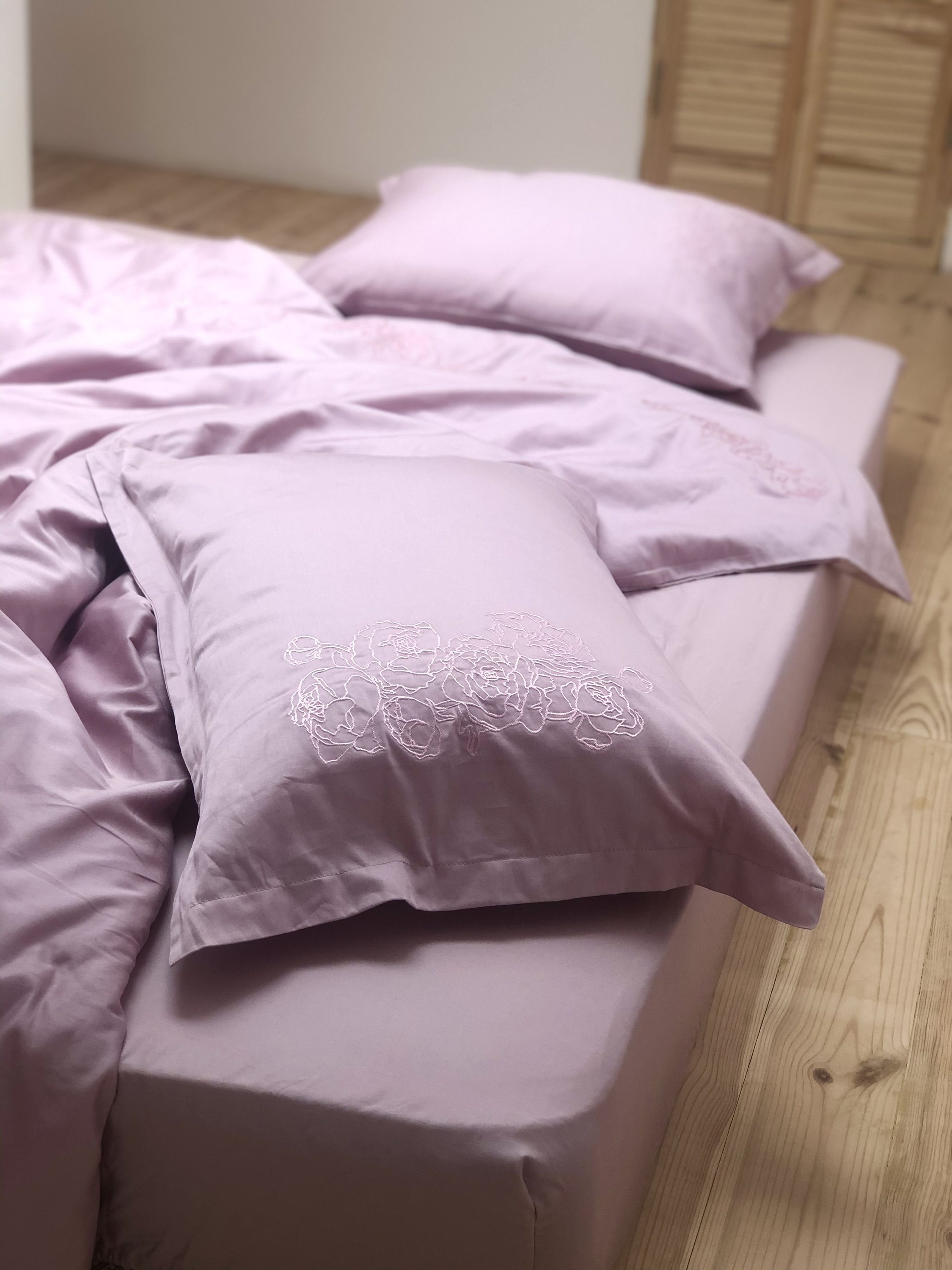 Bedding Set With Peony Embroidery 4 Pcs Pink, Natural Sateen 100% ...