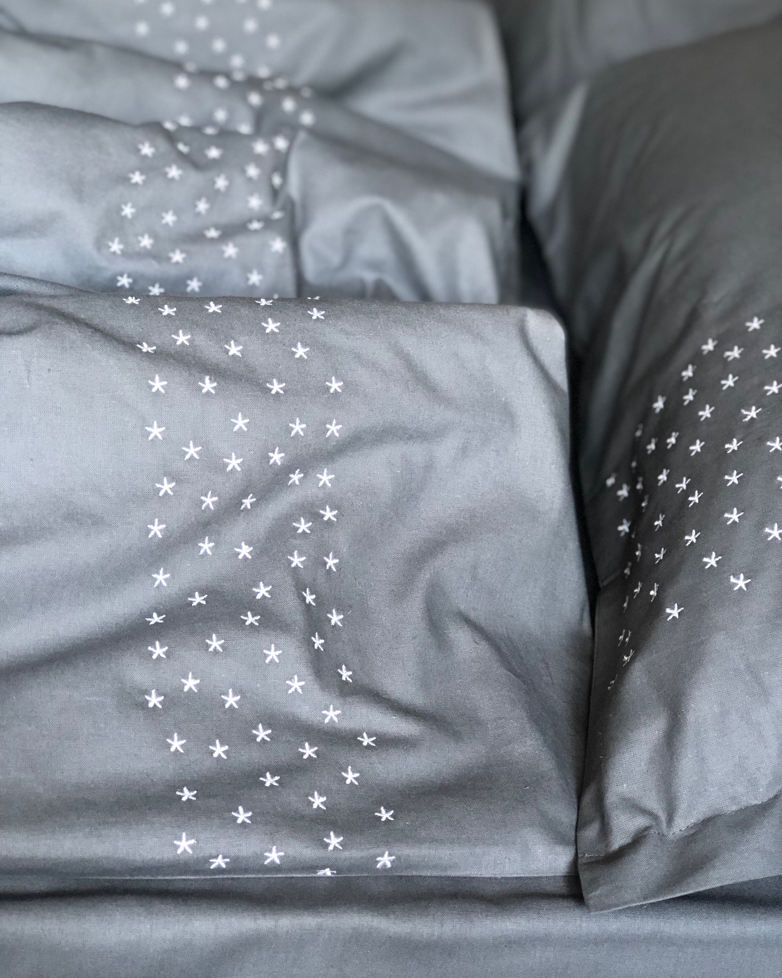 Embroidered Star Bedding Set: Gray-blue Sateen Cotton Duvet Cover ...