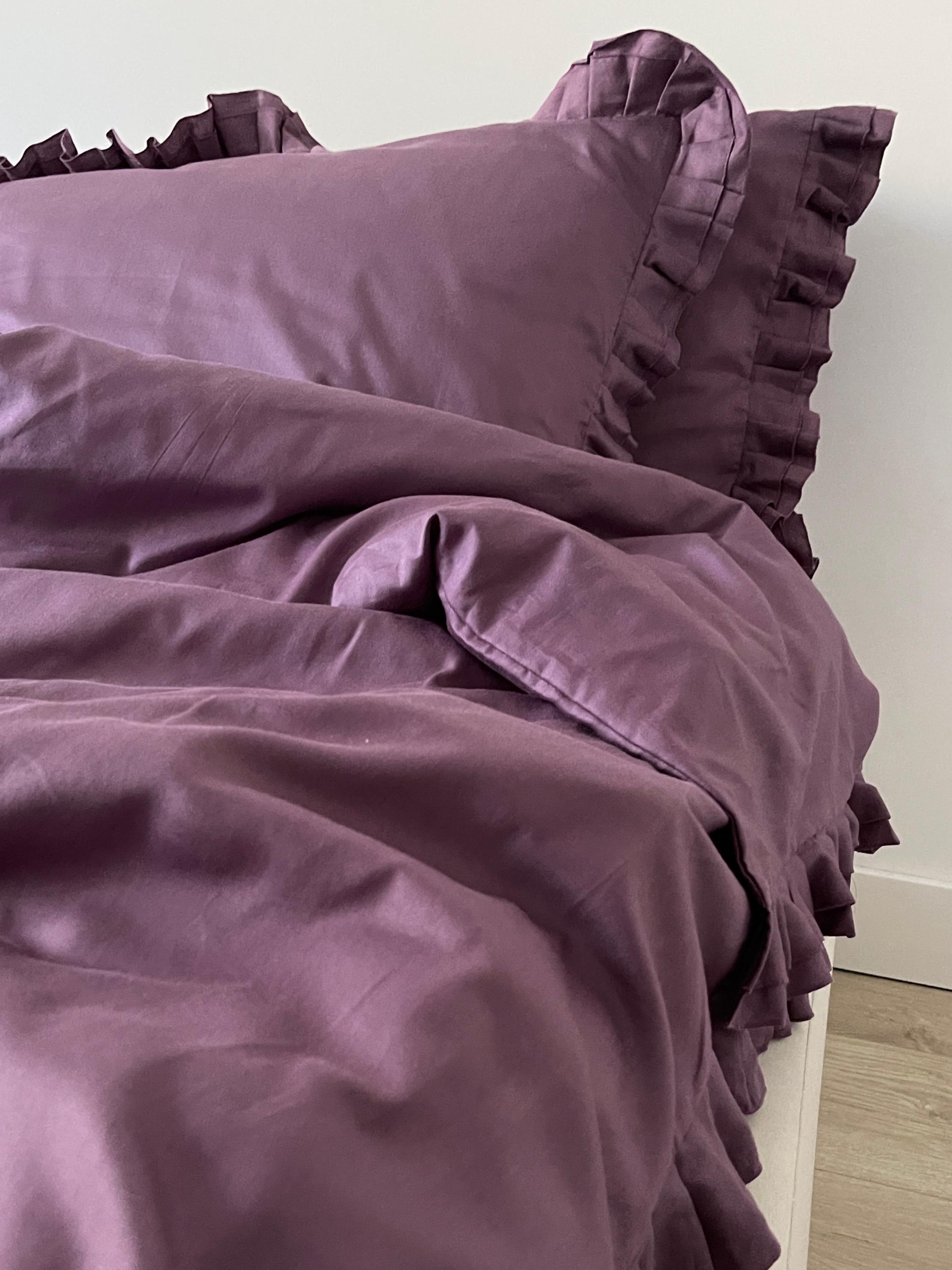 Plum Duvet Cover With Ruffles, Natural 100% Cotton Sateen, King, Queen ...