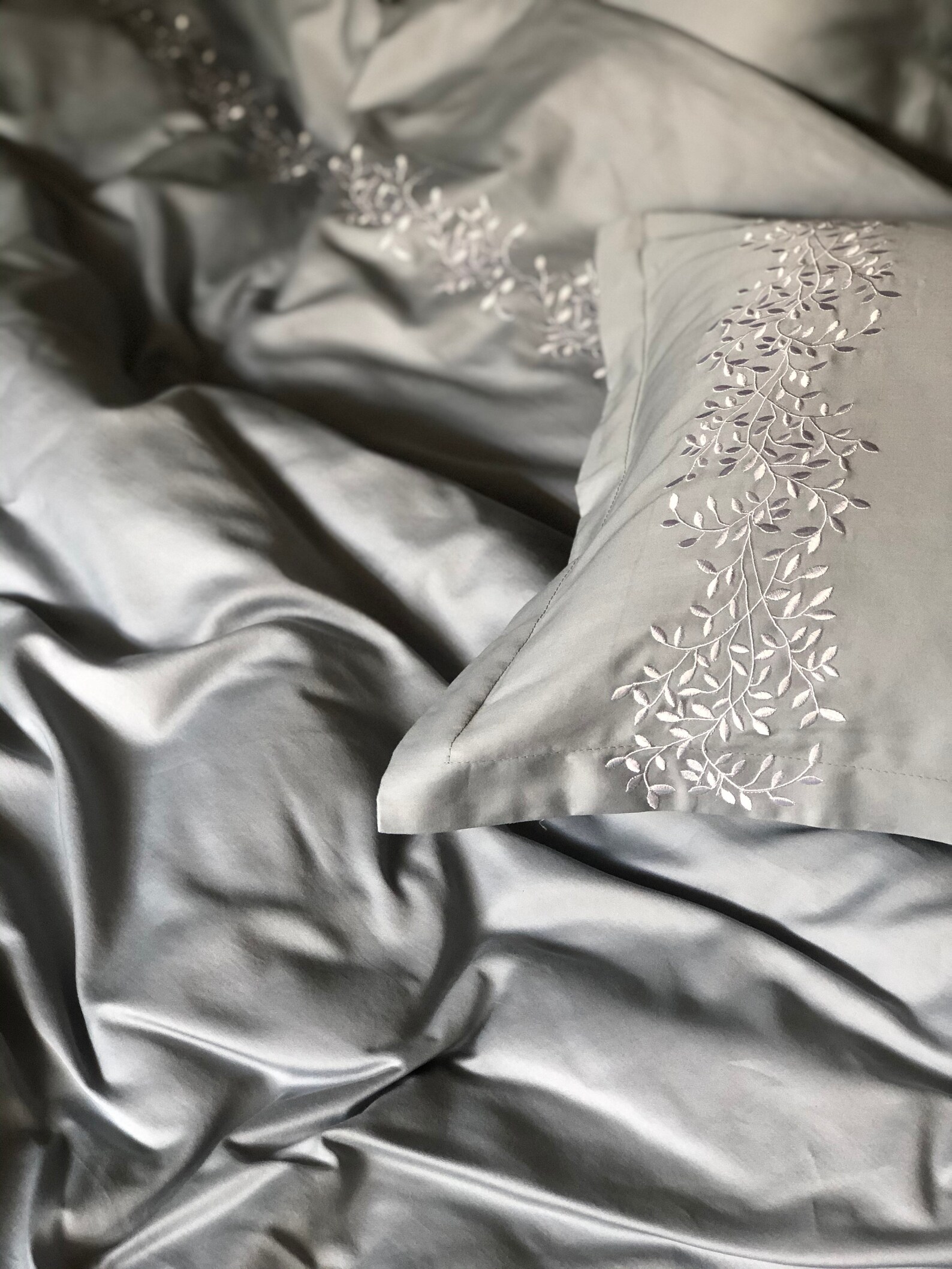 Gray Blue Bedding Set 4 Pcs With Branches Embroidery, Natural Sateen ...
