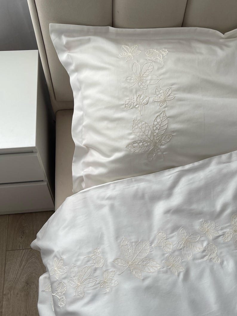 Duvet Cover With Chestnuts Embroidery Milk, Natural 100% Cotton Sateen ...