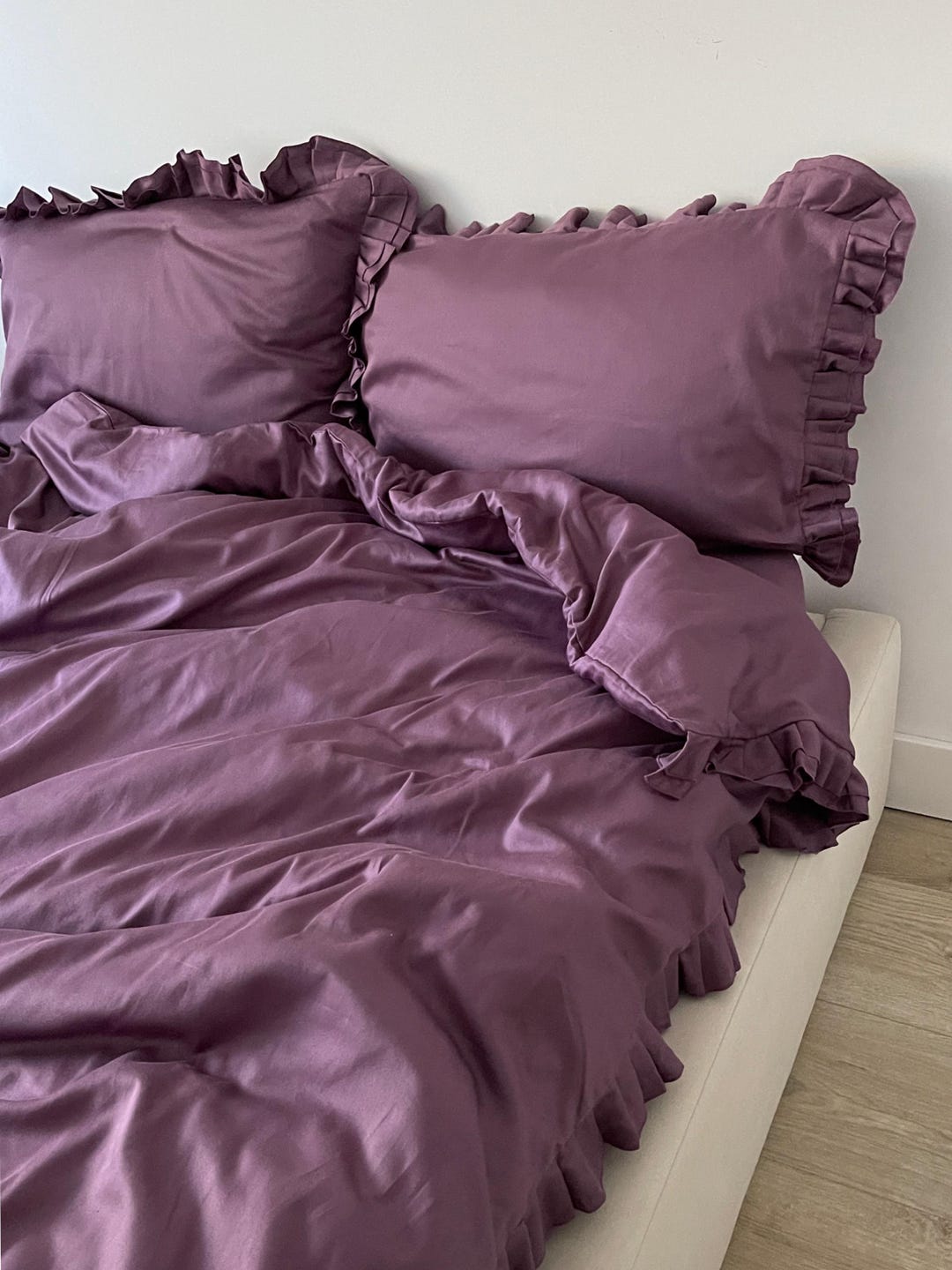 Plum Ruffled Bedding Set 4 Pcs, Natural Sateen 100% Cotton 1 Duvet ...