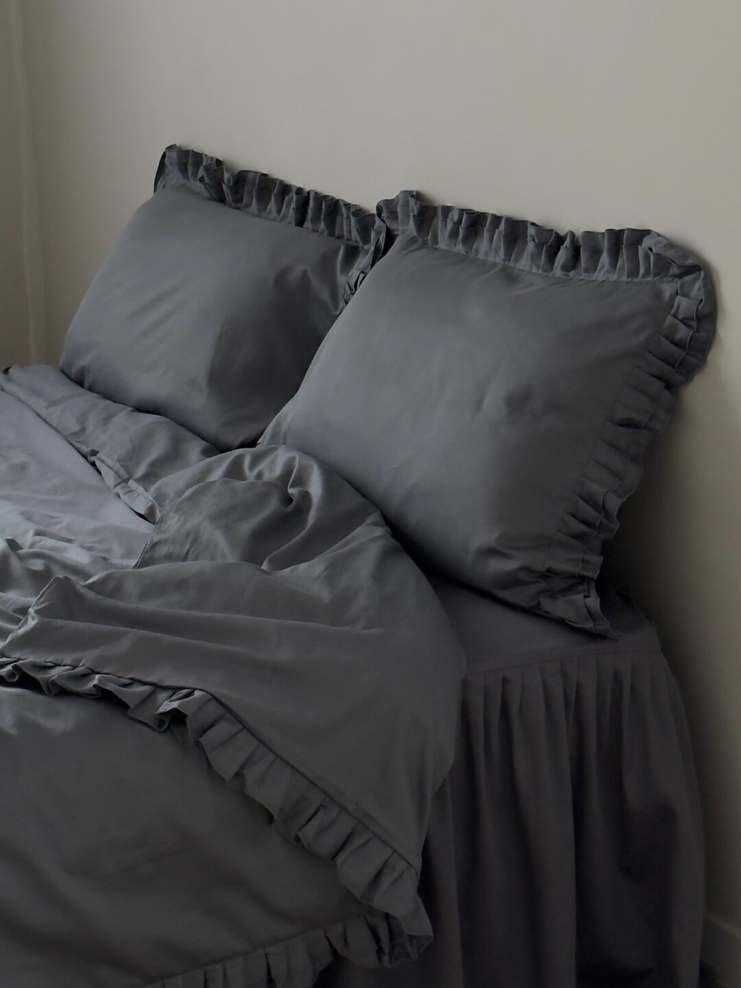 Ruffled Duvet Cover Dark Gray, 100% Cotton Sateen | Custom Sizes | - Etsy