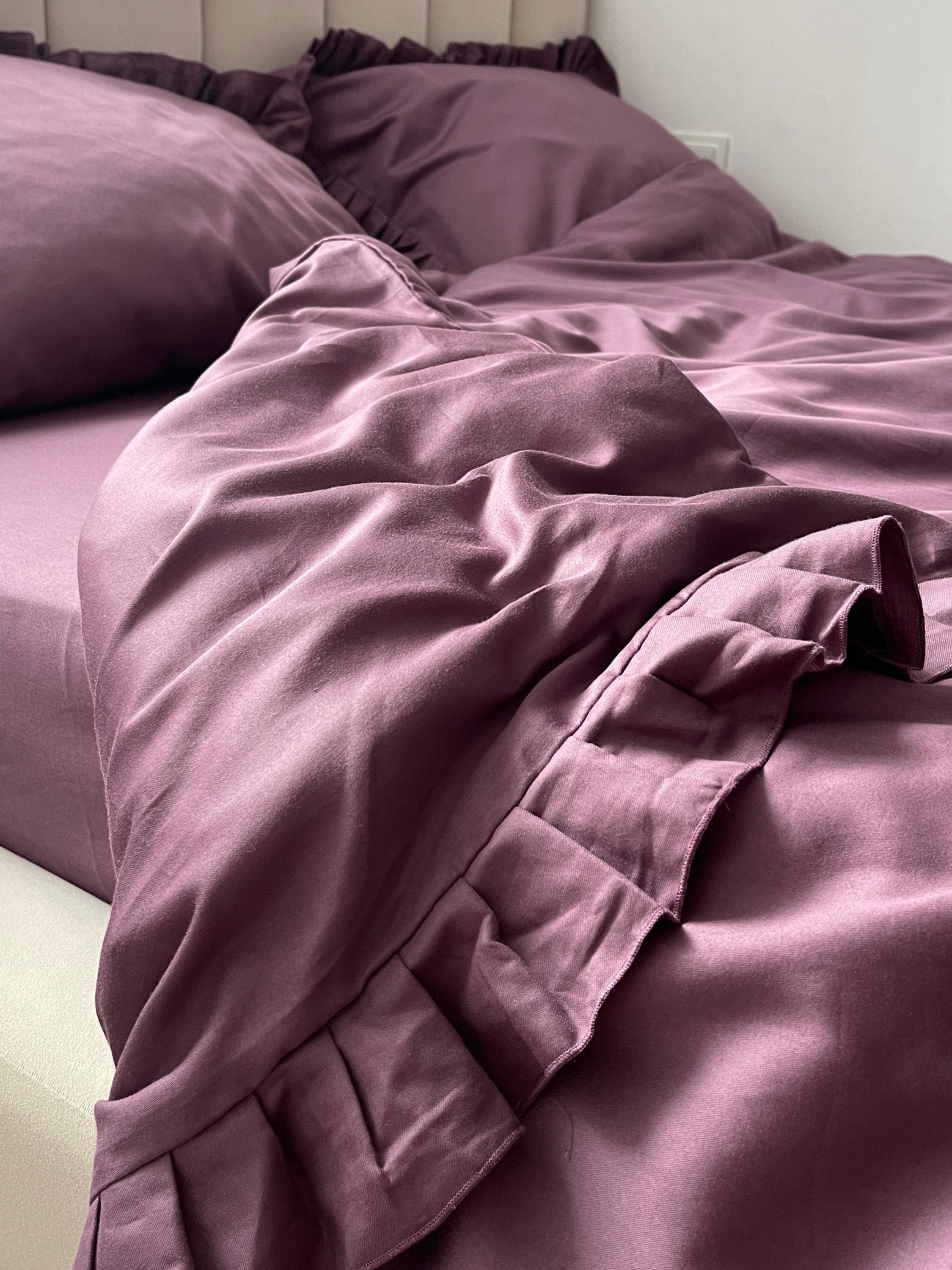 Plum Duvet Cover With Ruffles, Natural 100% Cotton Sateen, King, Queen ...