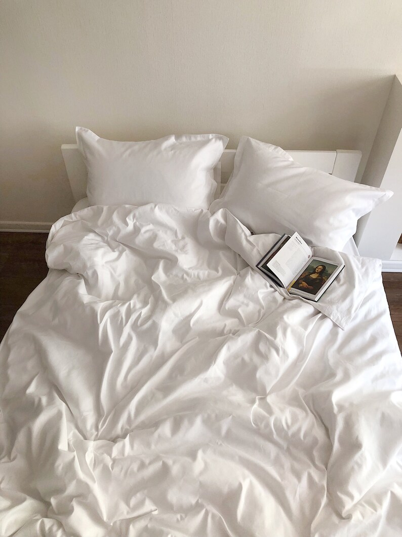 Fitted Bedding Set 4 Pcs White, Natural Sateen 100% Cotton, 1 Duvet ...
