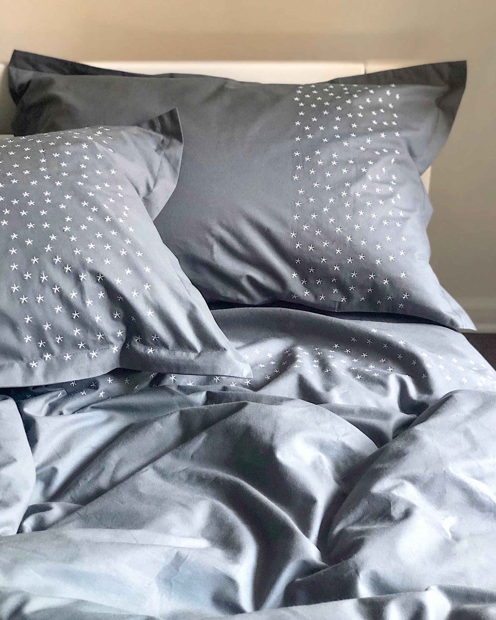 Embroidered Star Bedding Set: Gray-blue Sateen Cotton Duvet Cover ...