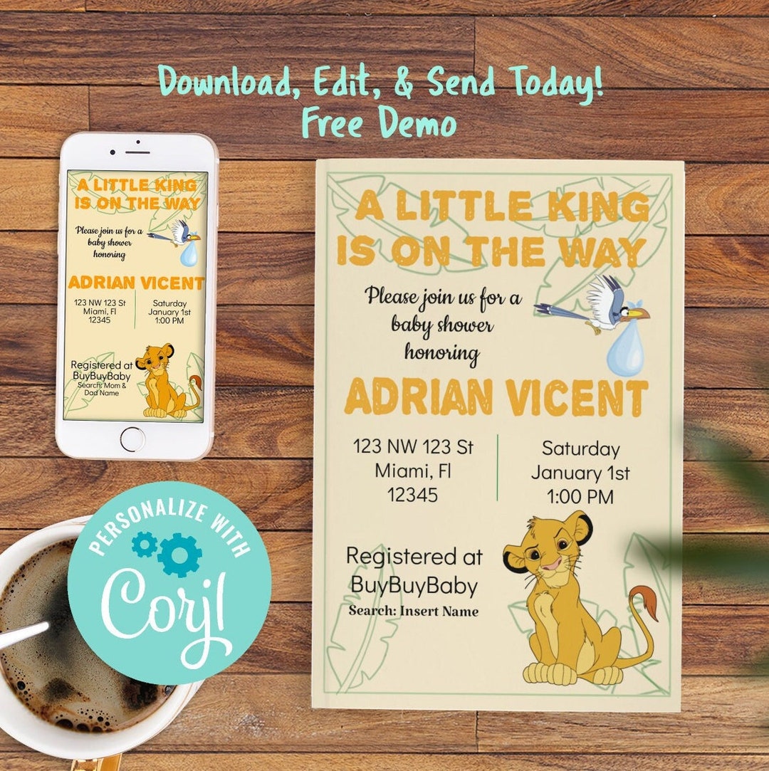 Invitación de Baby Shower del Rey León Descarga digital iPhone o 4x6 ...
