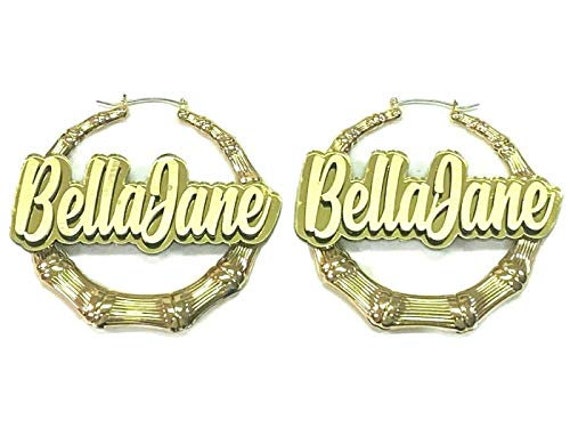 Gold Hoop Bamboo Earrings Name Plate Laser Cut Personalized | Etsy