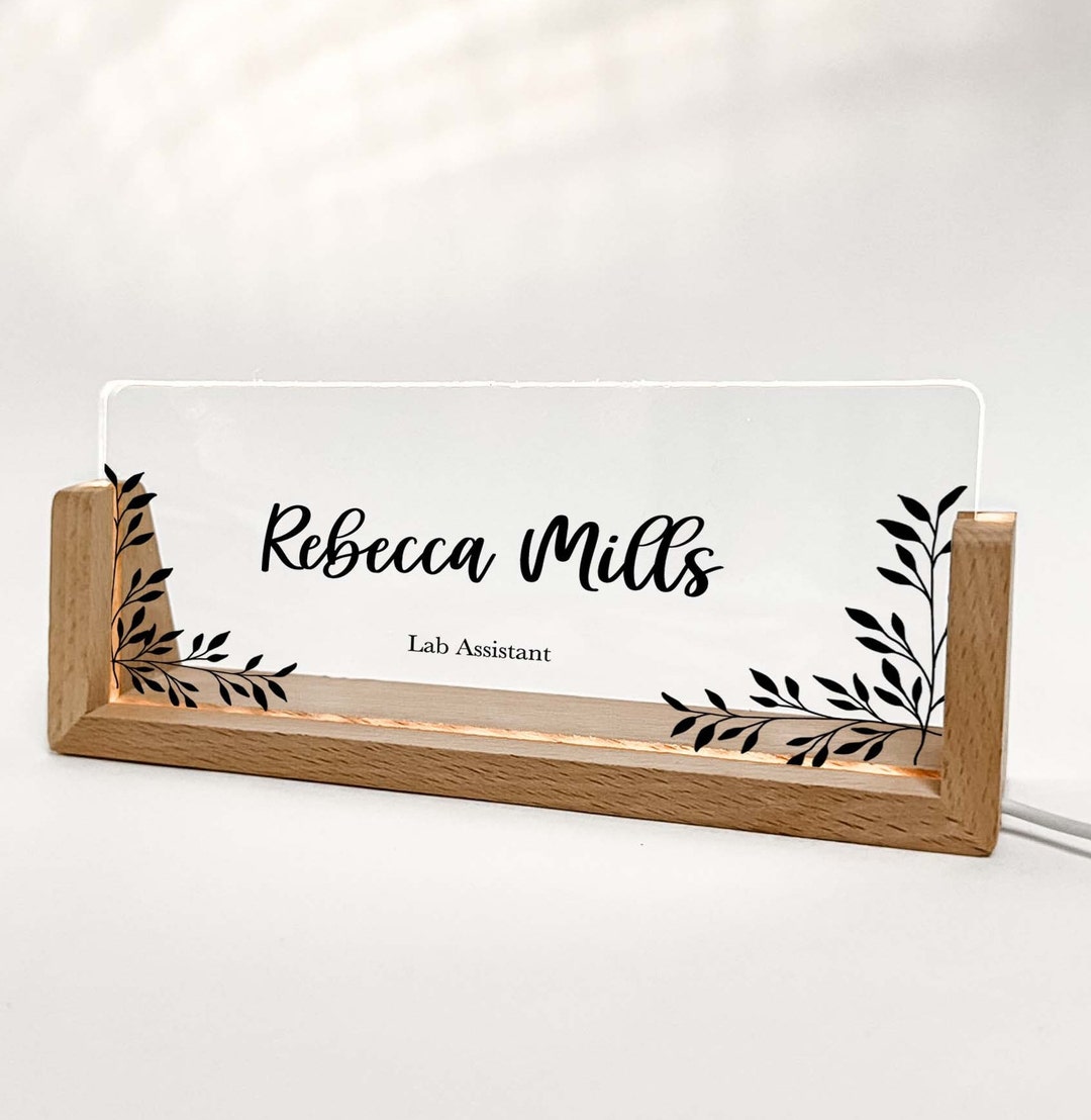 Personalized Desk Name Plate With Wooden Base, Lighted LED Light ...