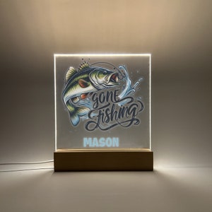 Gone Fishing Night Light up Desk Table Wood Stand Room Decor Fish Frame ...