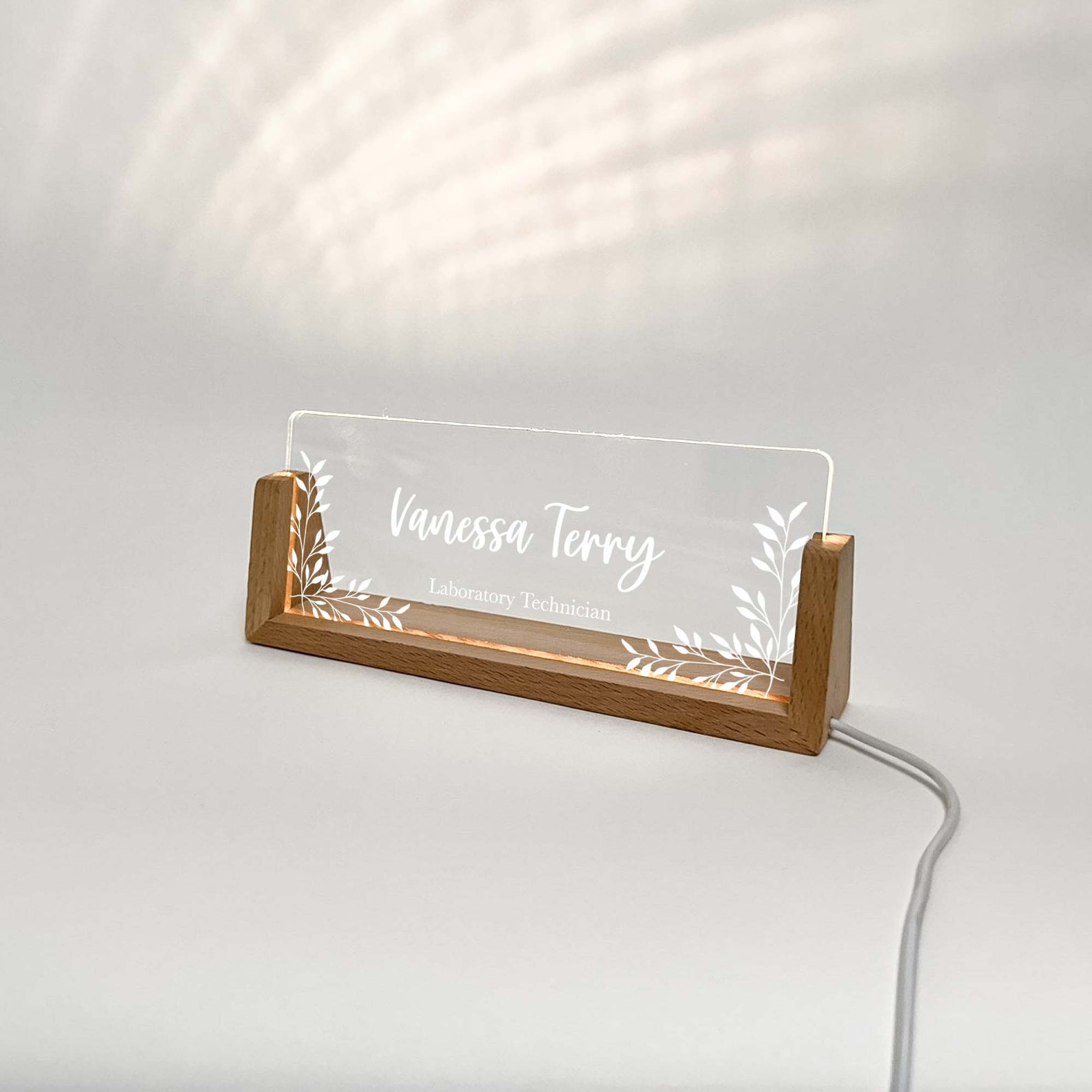Personalized Desk Name Plate With Wooden Base, Lighted LED Light ...