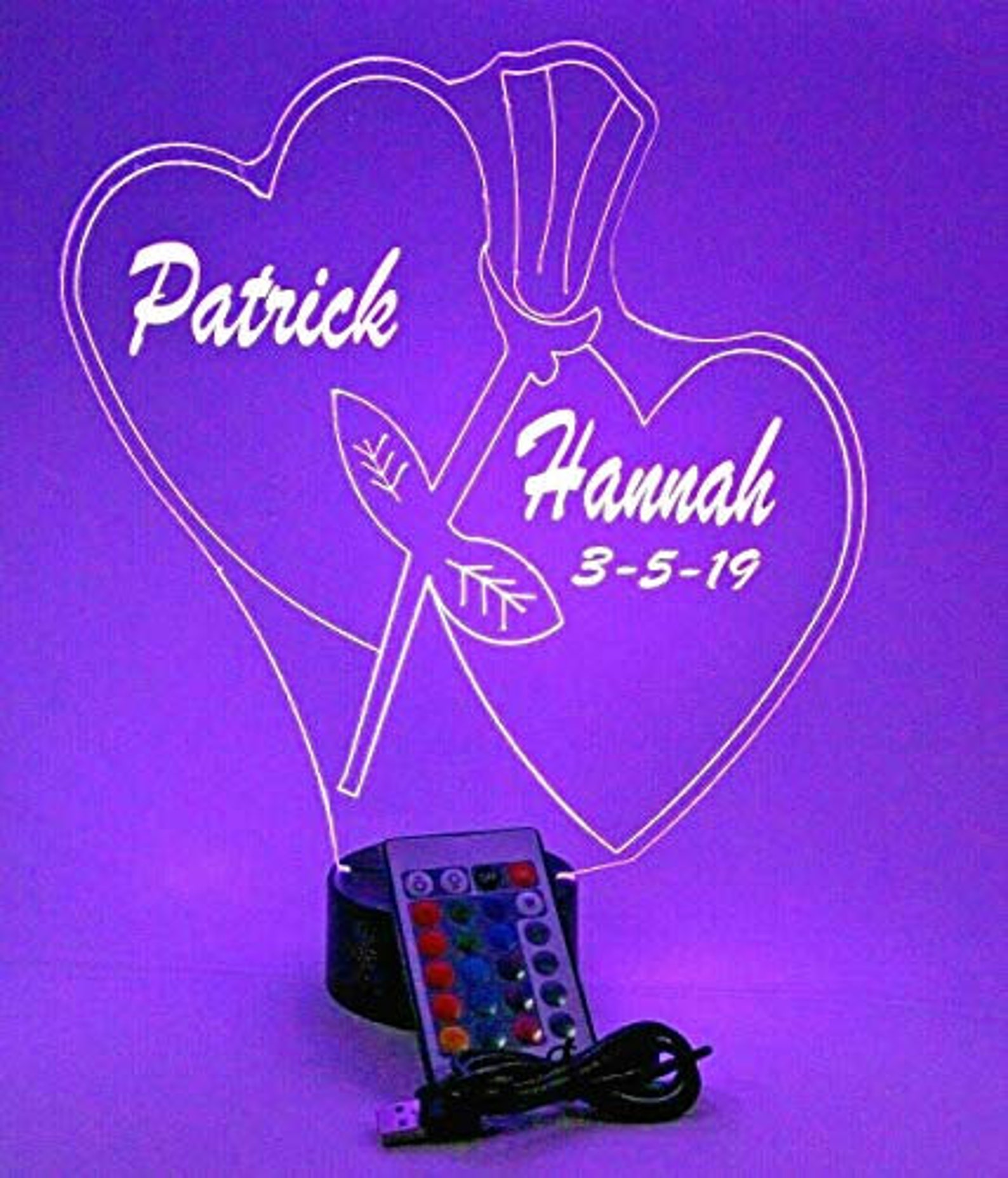 Couple Love Double Hearts with Rose Custom Names Night Light | Etsy