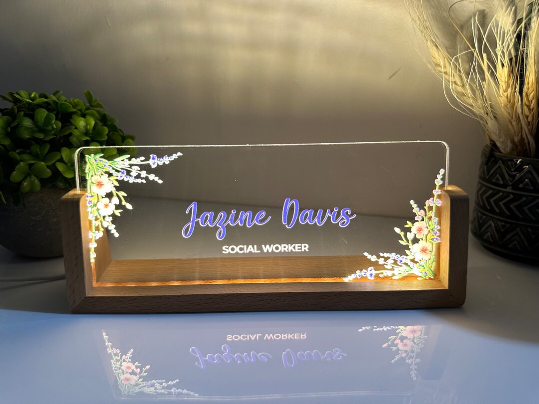 Personalized Desk Name Plate With Wooden Base, Lighted LED Light ...