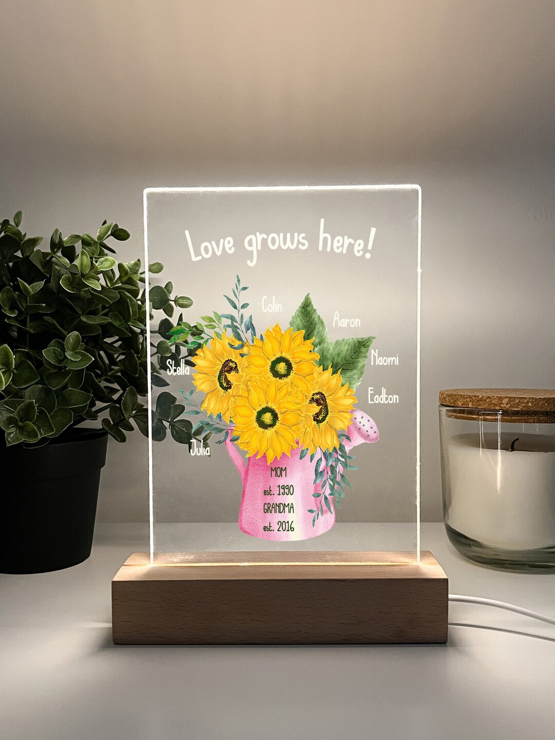 Grandma's Love Grows Here Custom Personalized Kids Names LED Wood Base ...