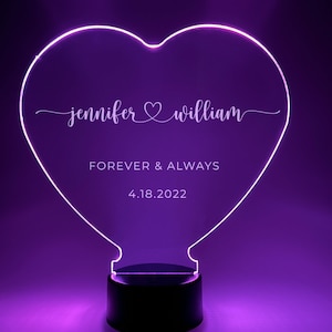 Custom Heart Personalized Free Names LED 16 Color Night Light up Couple ...