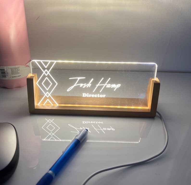 Personalized Desk Name Plate With Wooden Base, Lighted Acrylic ...