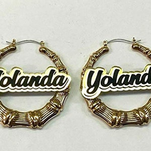 Gold Hoop Bamboo Earrings Name Plate Laser Cut Personalized - Etsy