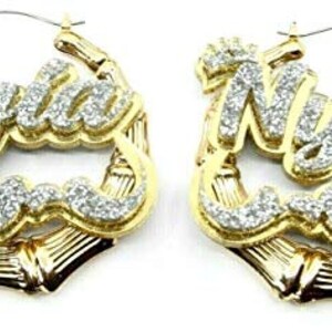 Personalized Custom Gold Hoop Bamboo Earrings Name Plate Laser Cut ...