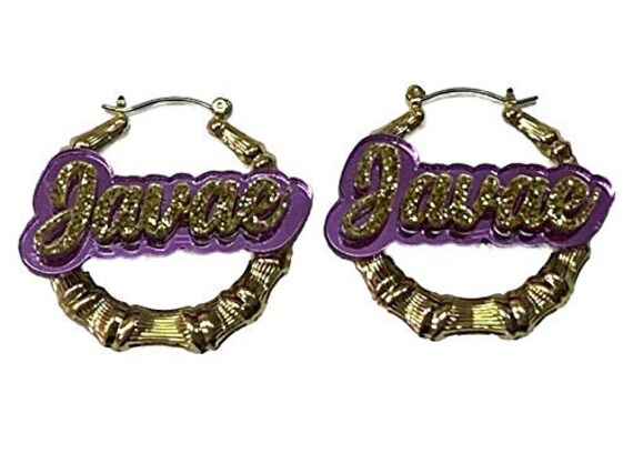 Gold Hoop Bamboo Earrings Name Plate Lasercut Personalized Custom Design Stunning Look 1.5 2.5 3.5 Size Choice Attractive Bamboo Earrings Etsy UK