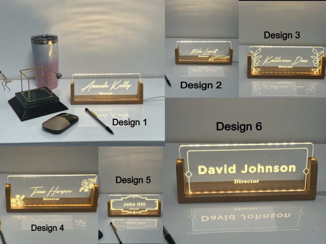 Personalized Desk Name Plate With Wooden Base, Lighted Acrylic ...
