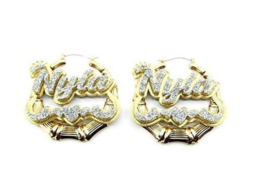 Personalized Custom Gold Hoop Bamboo Earrings Name Plate Laser Cut ...